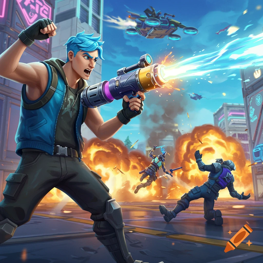 Stylized action scene of a person firing a plasma weapon in a ...