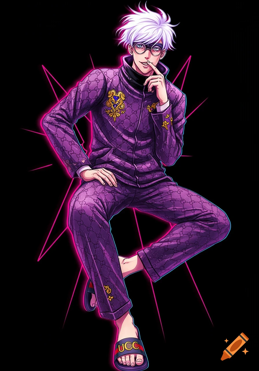 Anime illustration of Gojo Satoru in a purple patterned suit and slides ...