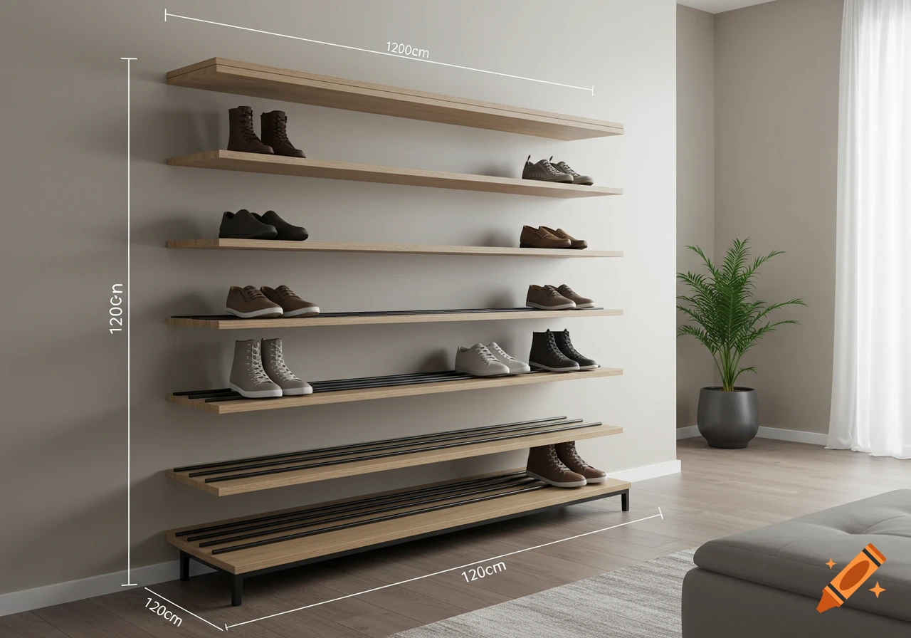 Photorealistic rendering of a wooden shoe rack with shoes in a room ...