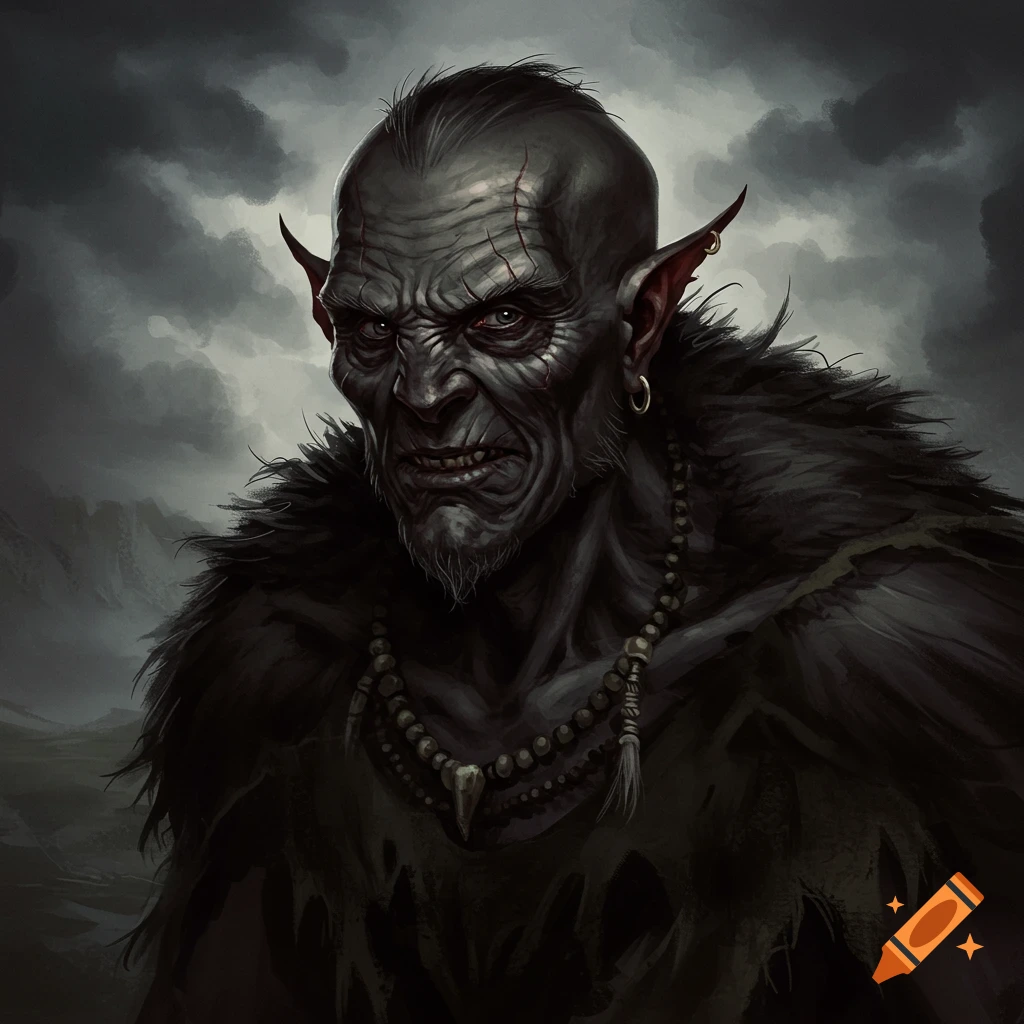 Portrait of a grey fantasy creature with a fur collar and necklace ...