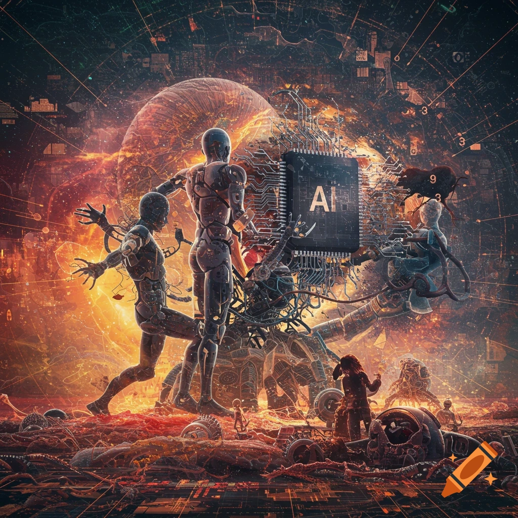 Surreal abstract scene with robots surrounding a giant AI chip amidst a ...