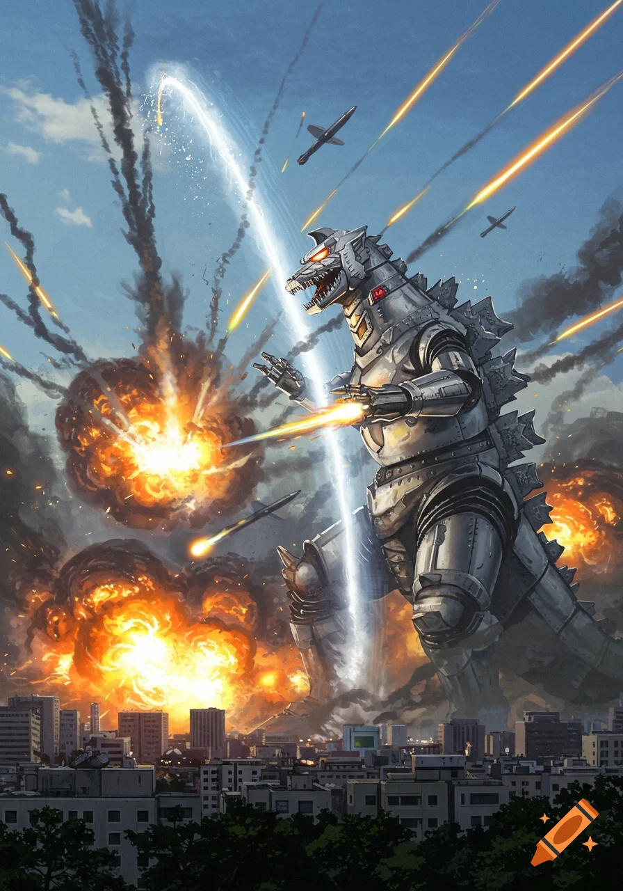 Mechagodzilla battles missiles and explosions over a city. on Craiyon