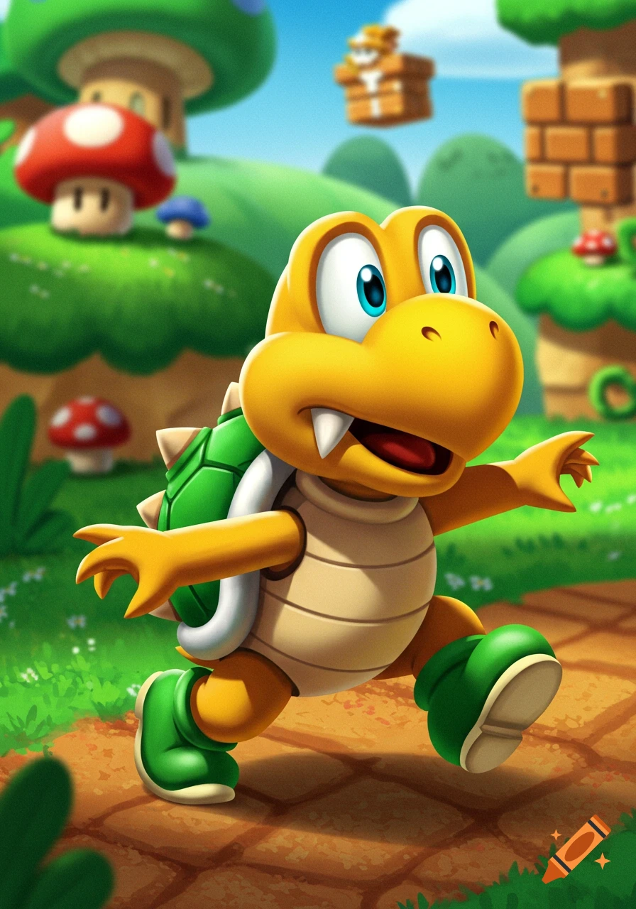 A cartoon Koopa Troopa runs through a brightly colored Super Mario ...