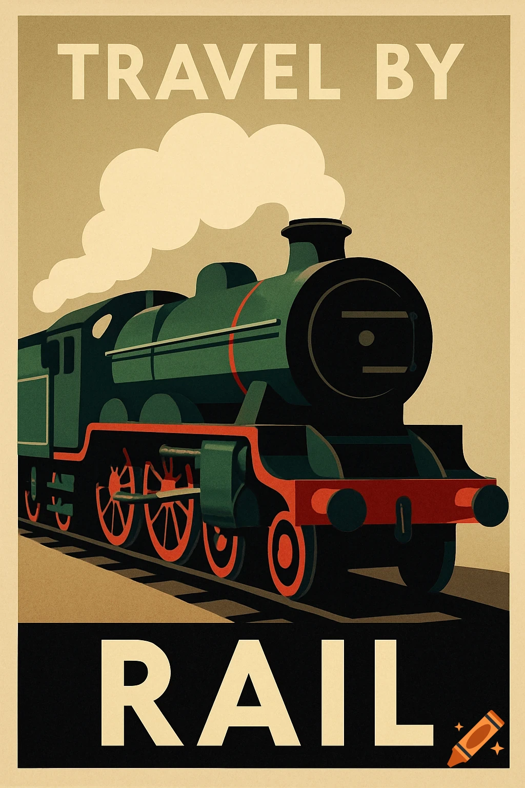 Vintage-style poster of a green steam train with the text TRAVEL BY ...