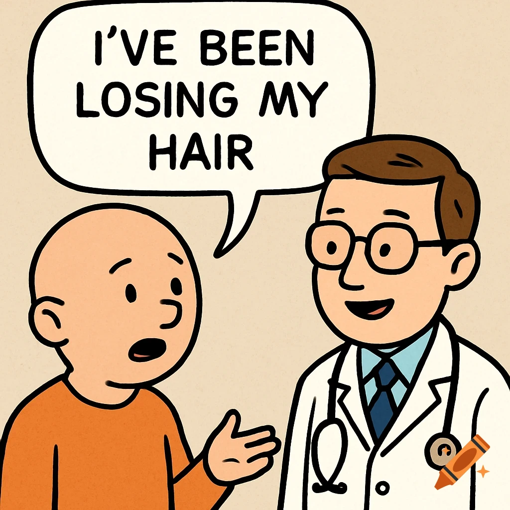 Cartoon of a bald patient telling a doctor "I'VE BEEN LOSING MY HAIR ...
