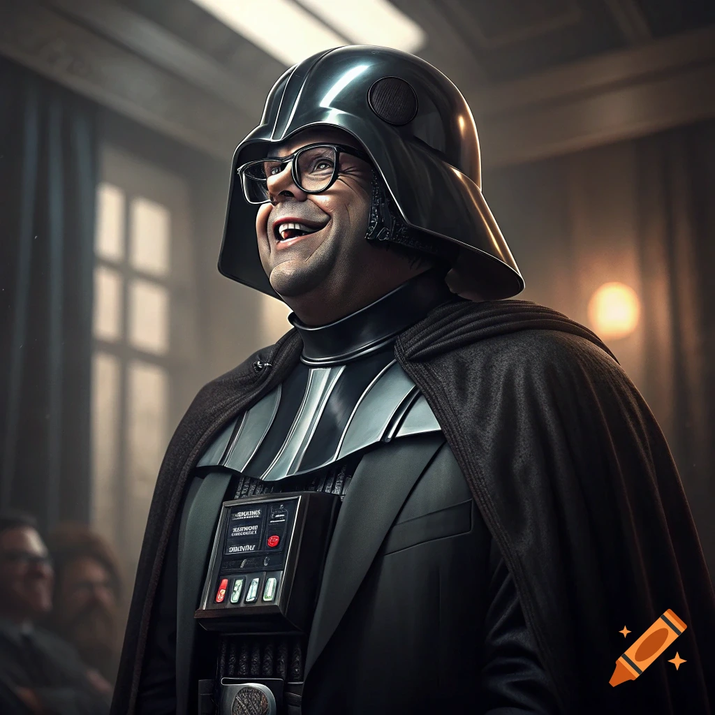 A smiling man in a Darth Vader costume and glasses. on Craiyon