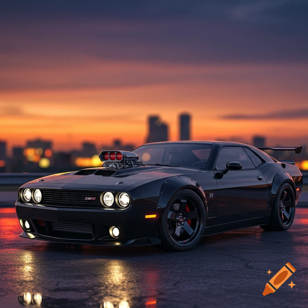 A black modified Dodge Challenger car sits on a wet road at sunset with ...