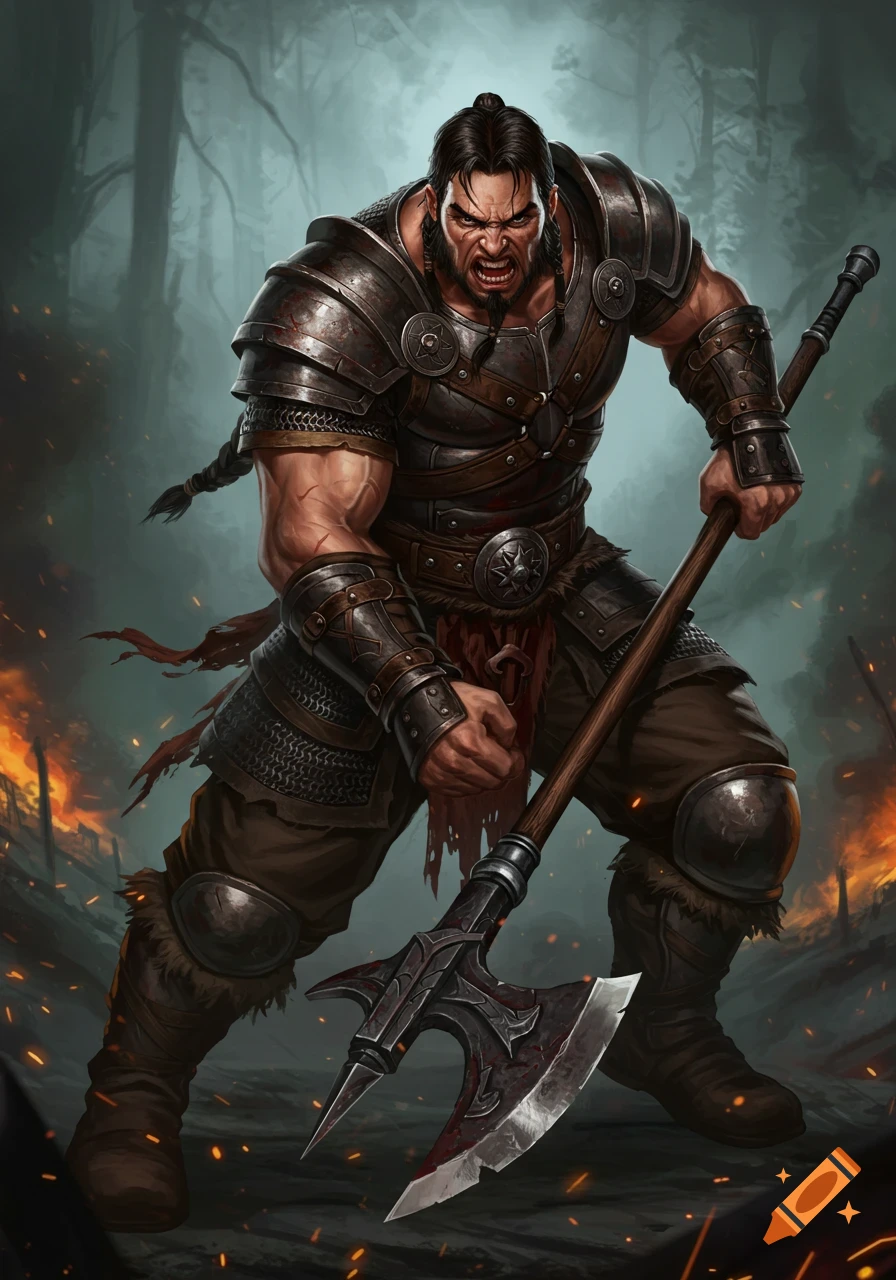 A muscular fantasy barbarian warrior in armor holds a large axe with an angry expression in a ...