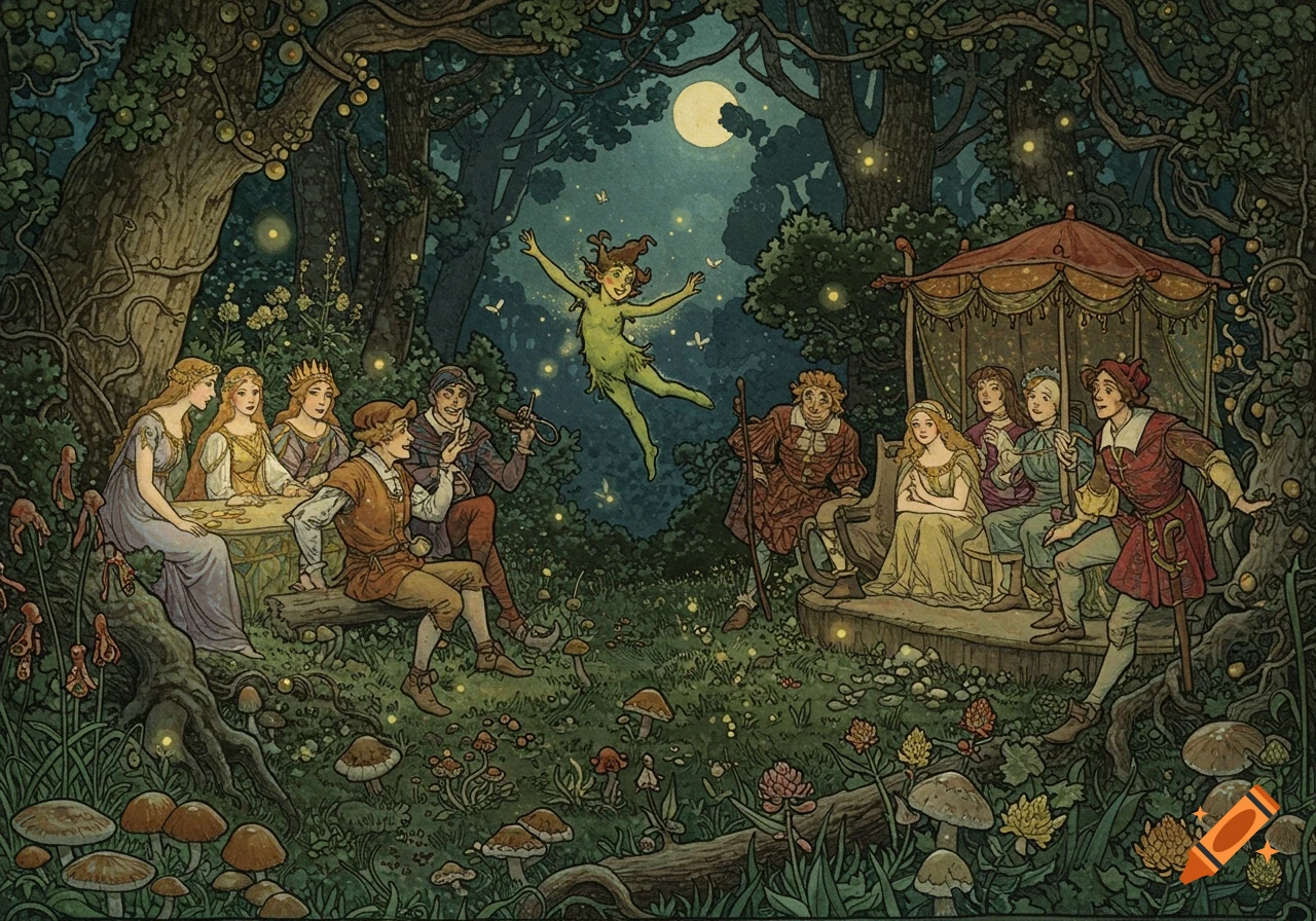 Fantasy illustration of characters from A Midsummer Night's Dream in a ...
