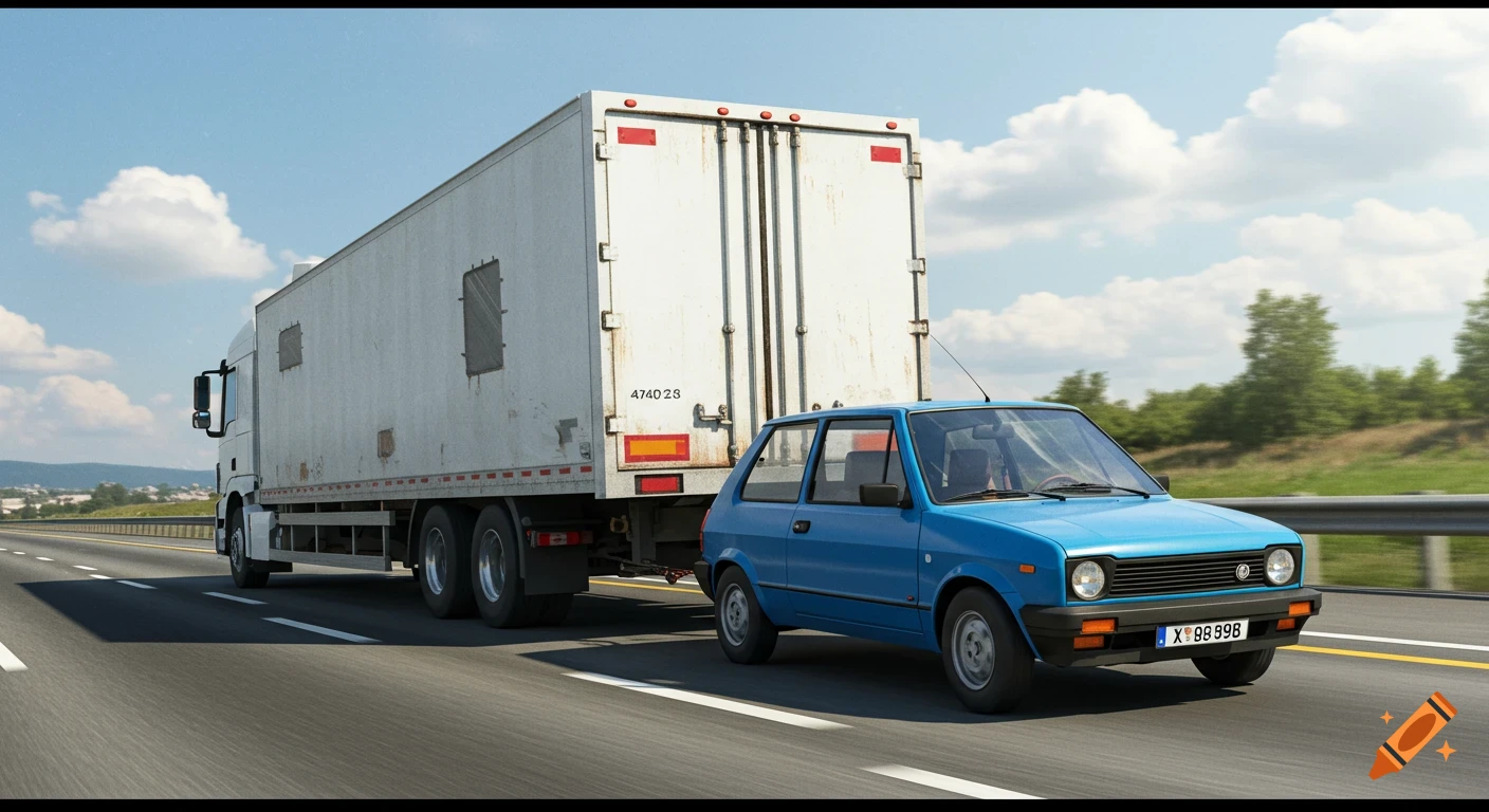 A blue Yugo car pulling a large white semi trailer on a highway. on Craiyon