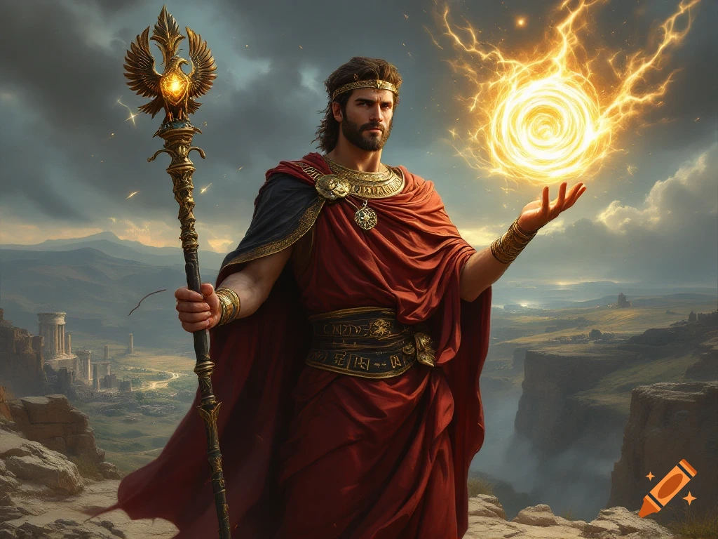 A man in a toga and cloak holds a staff and conjures a magic sphere on ...