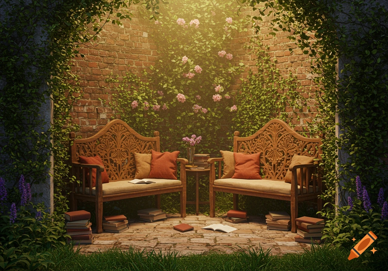 Garden reading nook with two ornate benches, books, brick walls, and ...