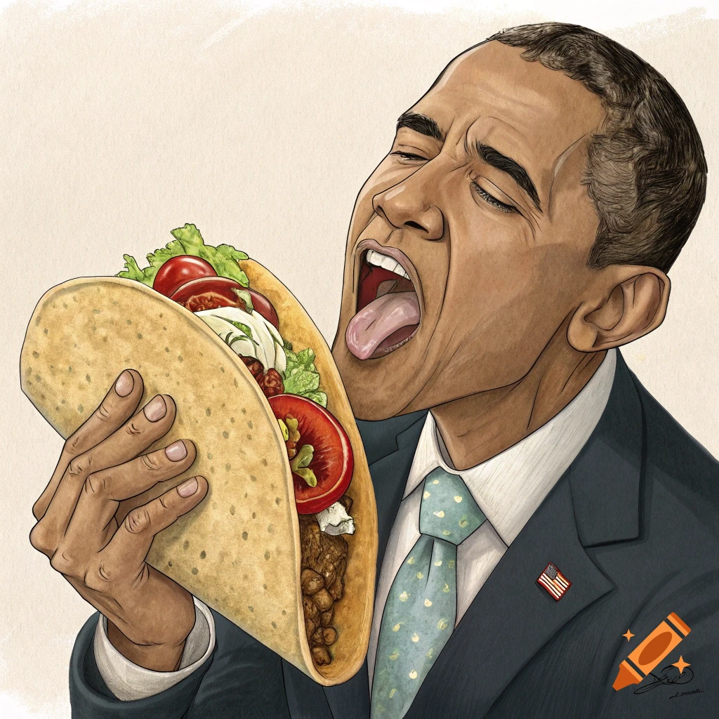 Caricature illustration of Obama eating a large taco on Craiyon