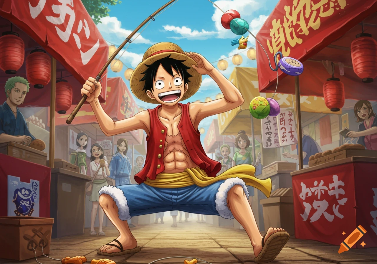 Luffy from One Piece playing a yoyo fishing game at a festival market ...