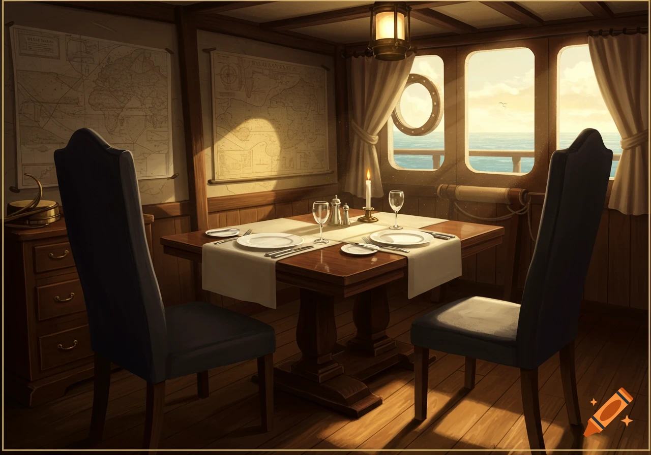 A set dining table and chairs in a ship's captain's quarters with maps ...
