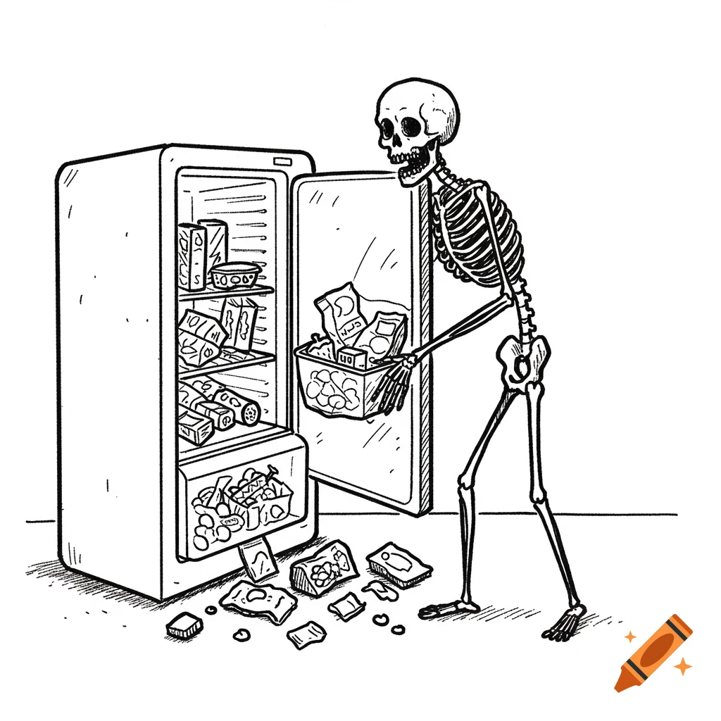 Black and white drawing of a skeleton looking into a messy refrigerator ...