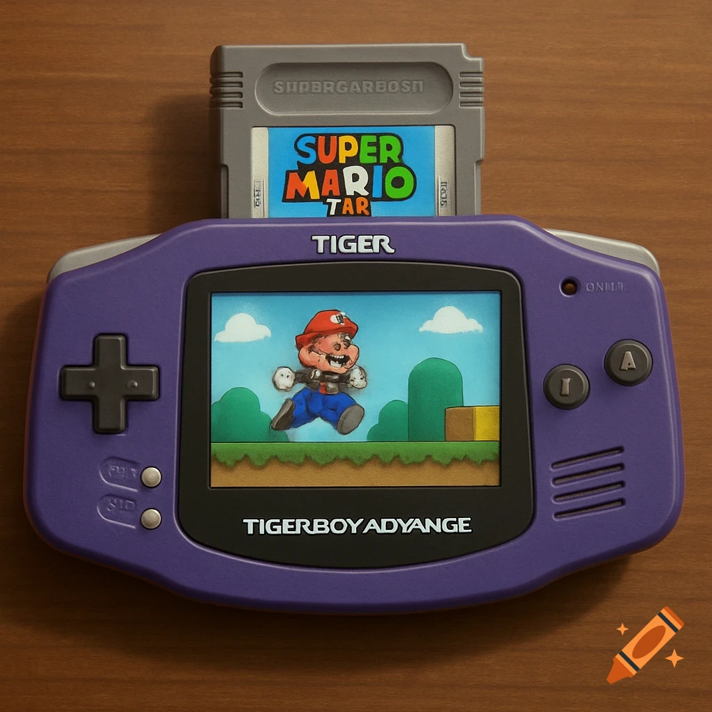 A top-down view of a purple handheld game console with a game cartridge ...