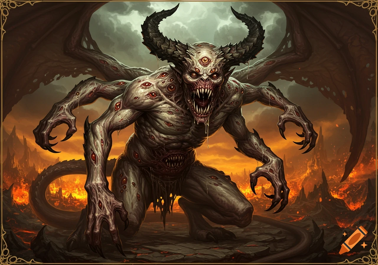 A monstrous demon with multiple eyes, limbs, and horns in a fiery ...