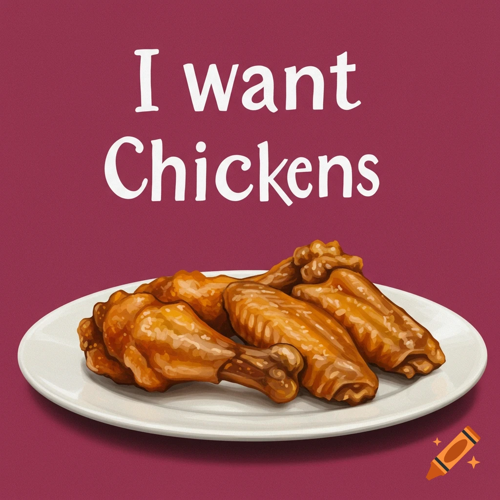 Illustration of chicken wings on a plate with text 'I want Chickens' on ...