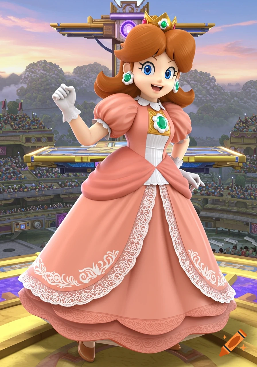 A 3D render of Princess Daisy from Super Smash Bros. Ultimate on Craiyon