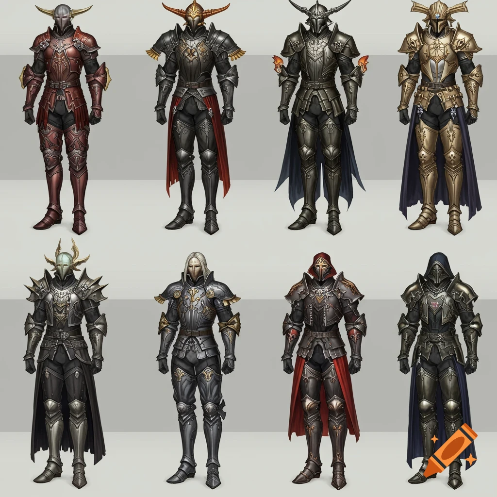 A grid displaying eight different full sets of detailed fantasy armor ...
