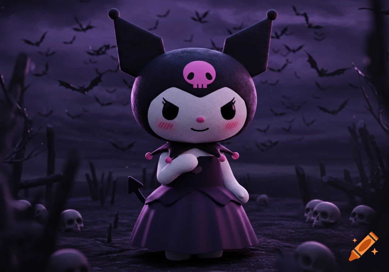 3D render of Sanrio character Kuromi in a purple dress standing among ...