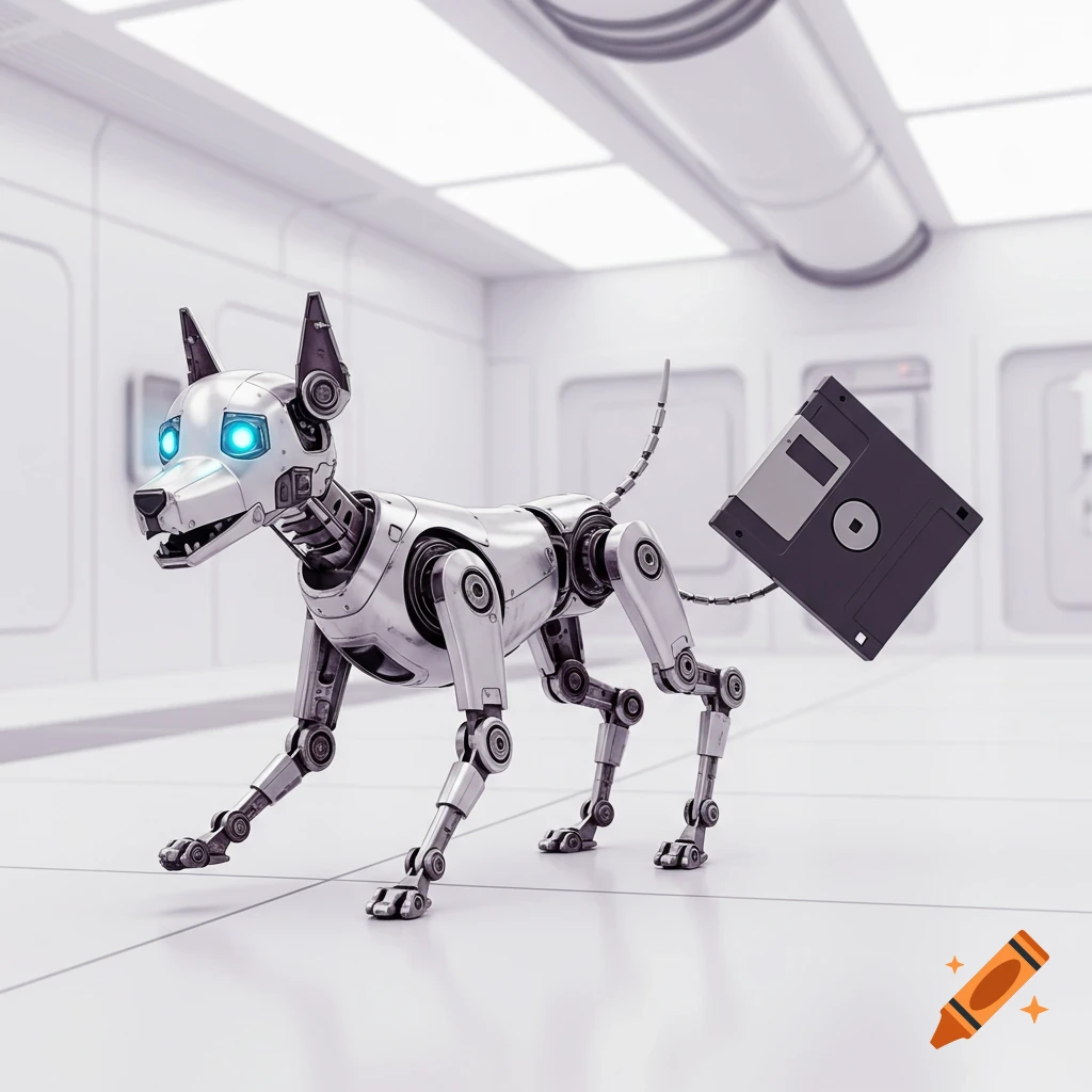 A shiny silver robot dog with bright blue eyes stands in a futuristic ...