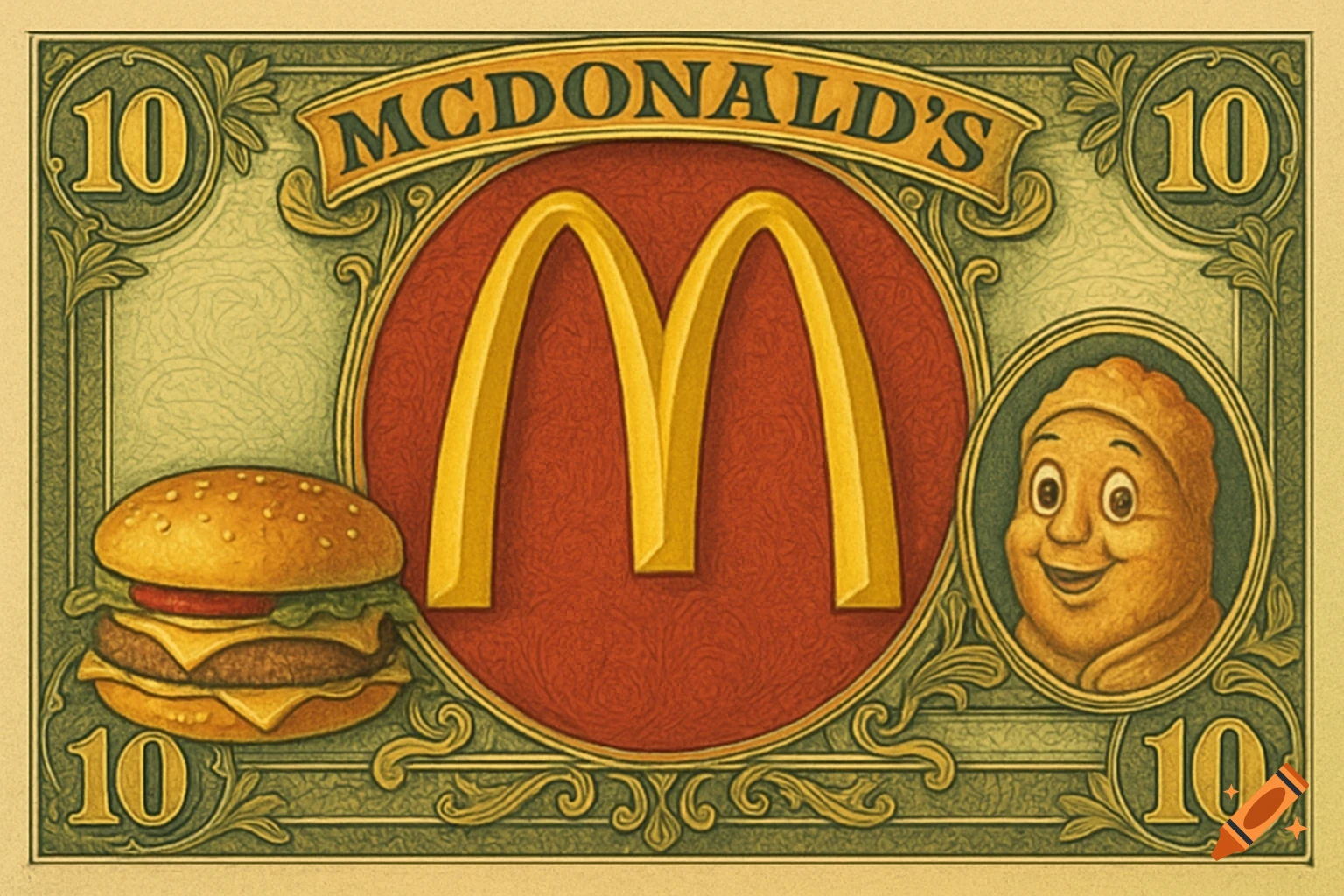 Stylized banknote featuring McDonald's logo, burger, and a character ...