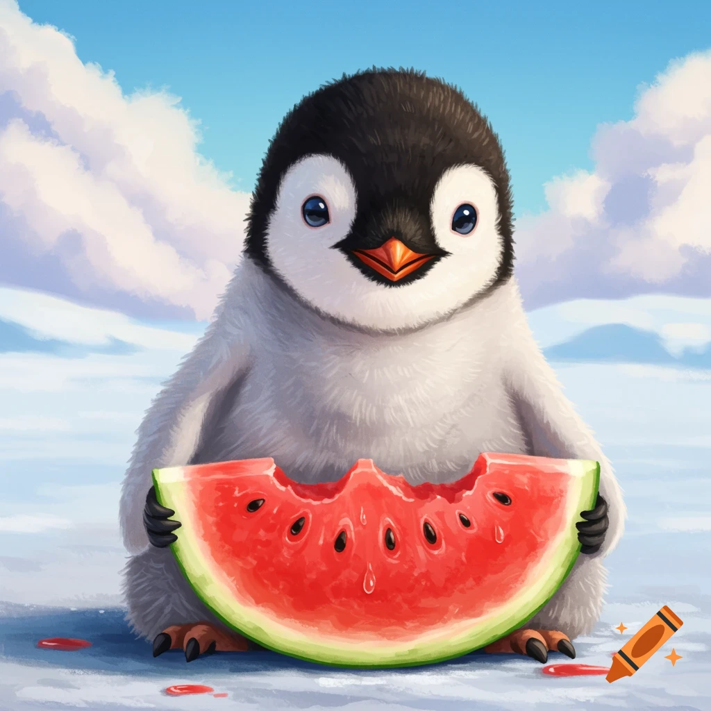 Cute baby penguin eating a large slice of watermelon in a snowy ...