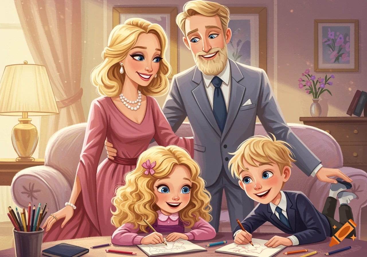 Illustrated family with parents and two children drawing together. on ...