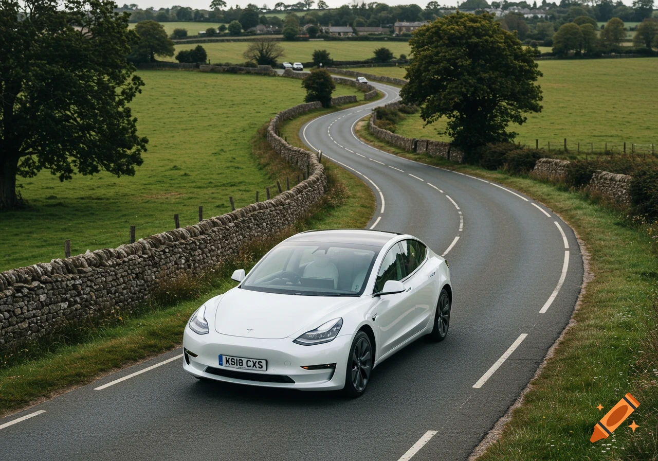 A white Tesla Model 3 drives on a winding road through a green ...