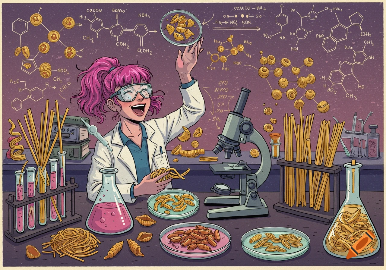 Cartoon scientist smiles among lab equipment, chemical formulas, and ...