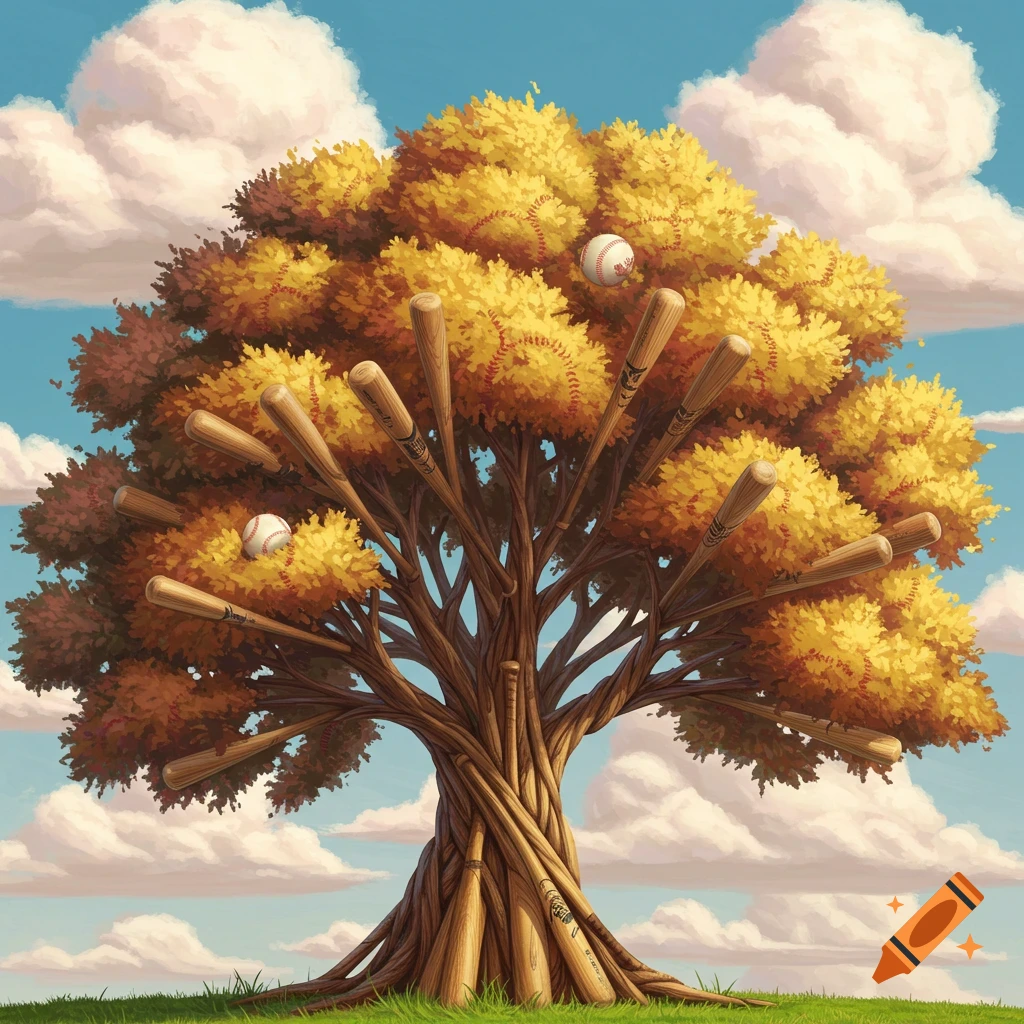 A surreal tree with branches made of baseball bats and baseballs in its ...