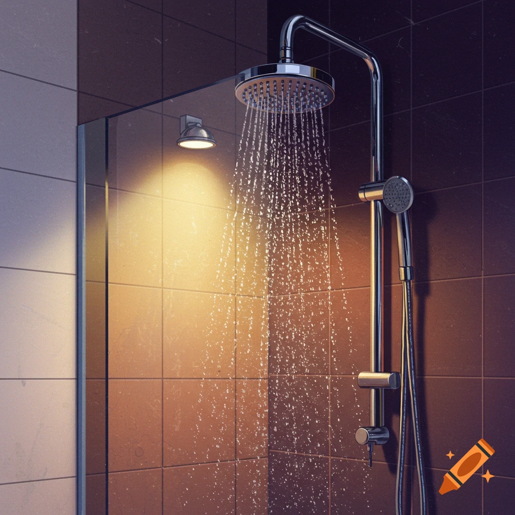 A close-up of a modern shower head spraying water in a tiled bathroom ...