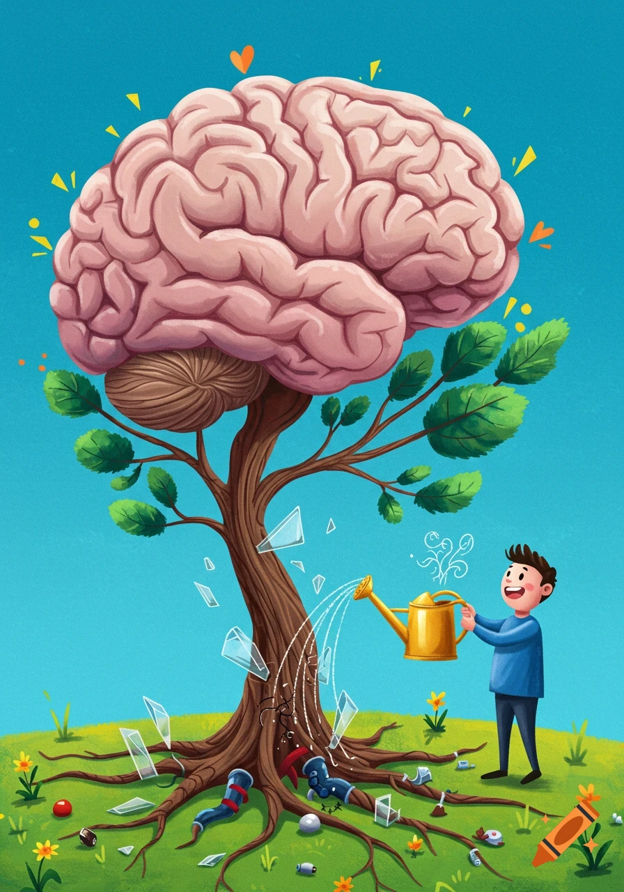 Illustration of a brain growing as a tree, watered by a person, with ...