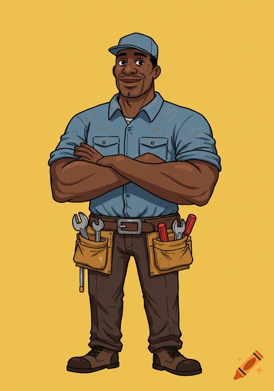 Cartoon illustration of a Black handyman with a toolbelt standing with ...