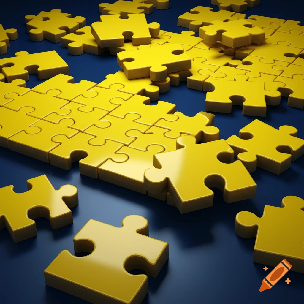 Many yellow puzzle pieces scattered and partially assembled on a blue ...