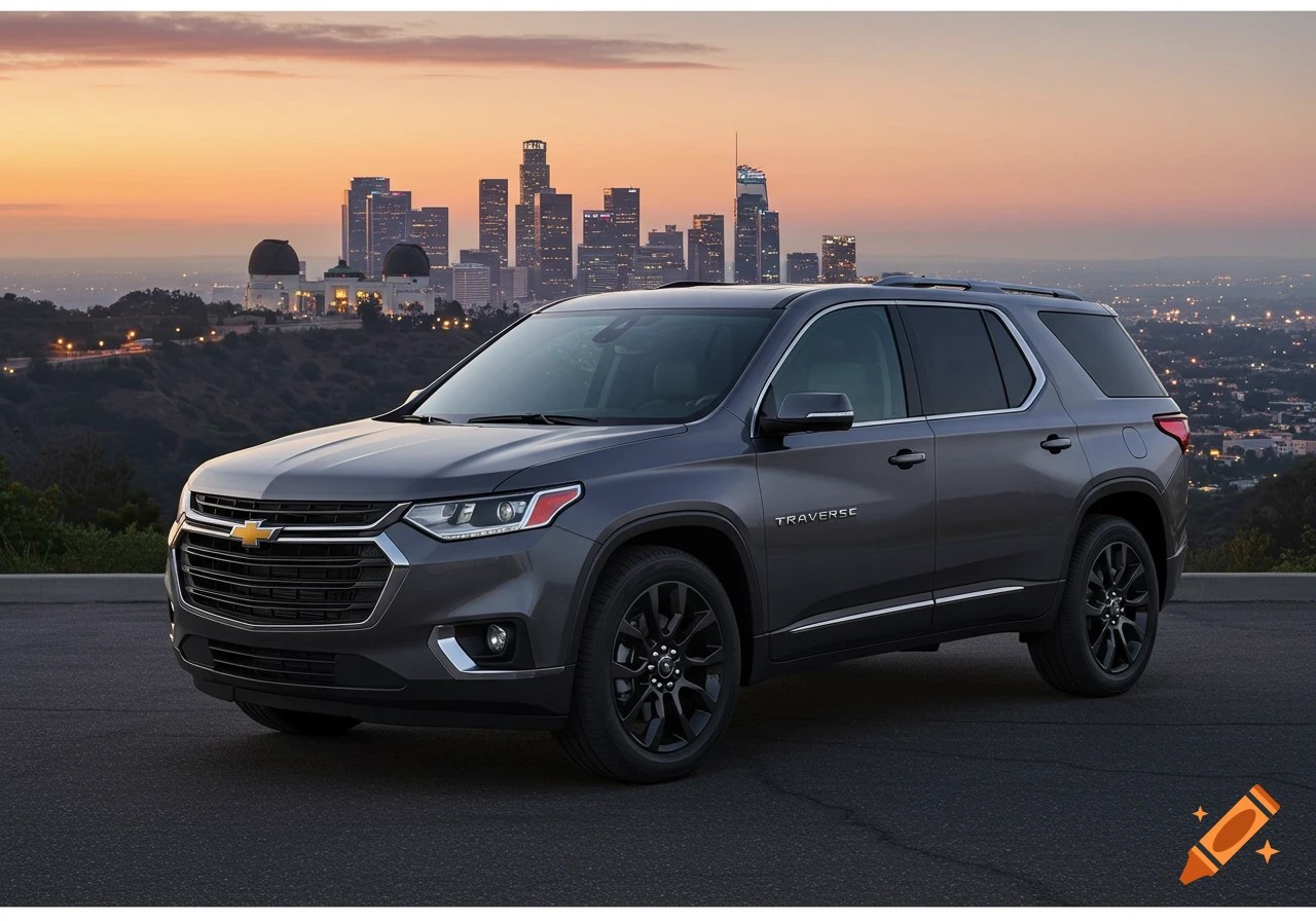 Gray Chevrolet Traverse SUV overlooking Los Angeles skyline at sunset ...