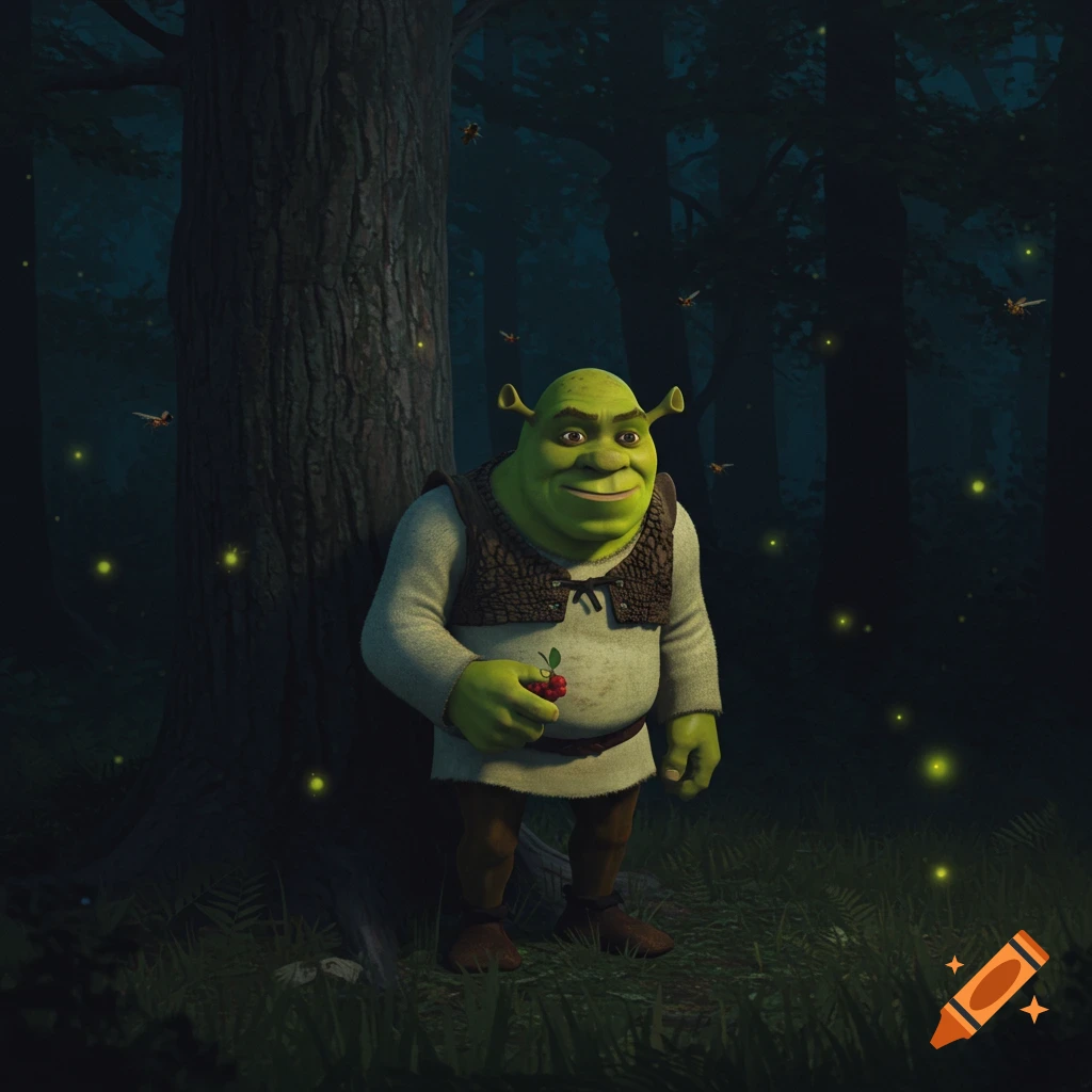 Shrek holding berries in a dark forest with fireflies and insects on ...