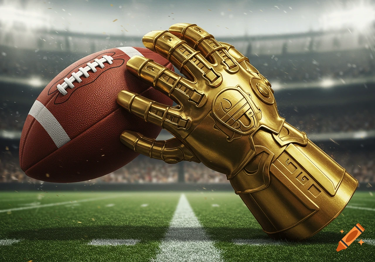 Photorealistic image of a gold gauntlet holding an American football in ...