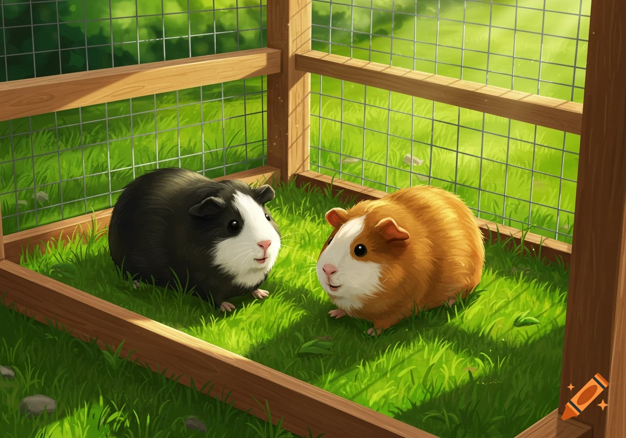 Two guinea pigs, one black and one brown and white, sit in a grassy ...