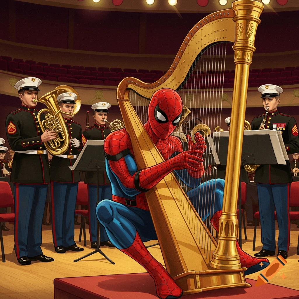 Spider-Man playing a harp on stage in front of a U.S. Marine band in a ...