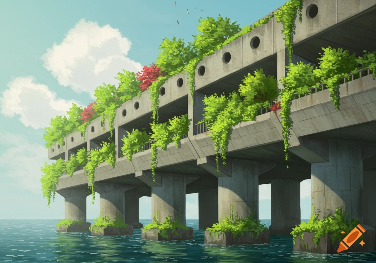 Stylized illustration of a concrete structure over water covered in ...
