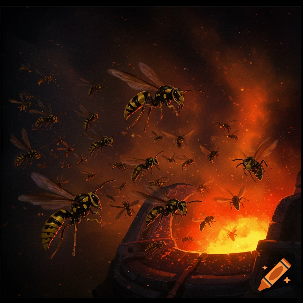 Illustration of wasps swarming around a glowing furnace. on Craiyon