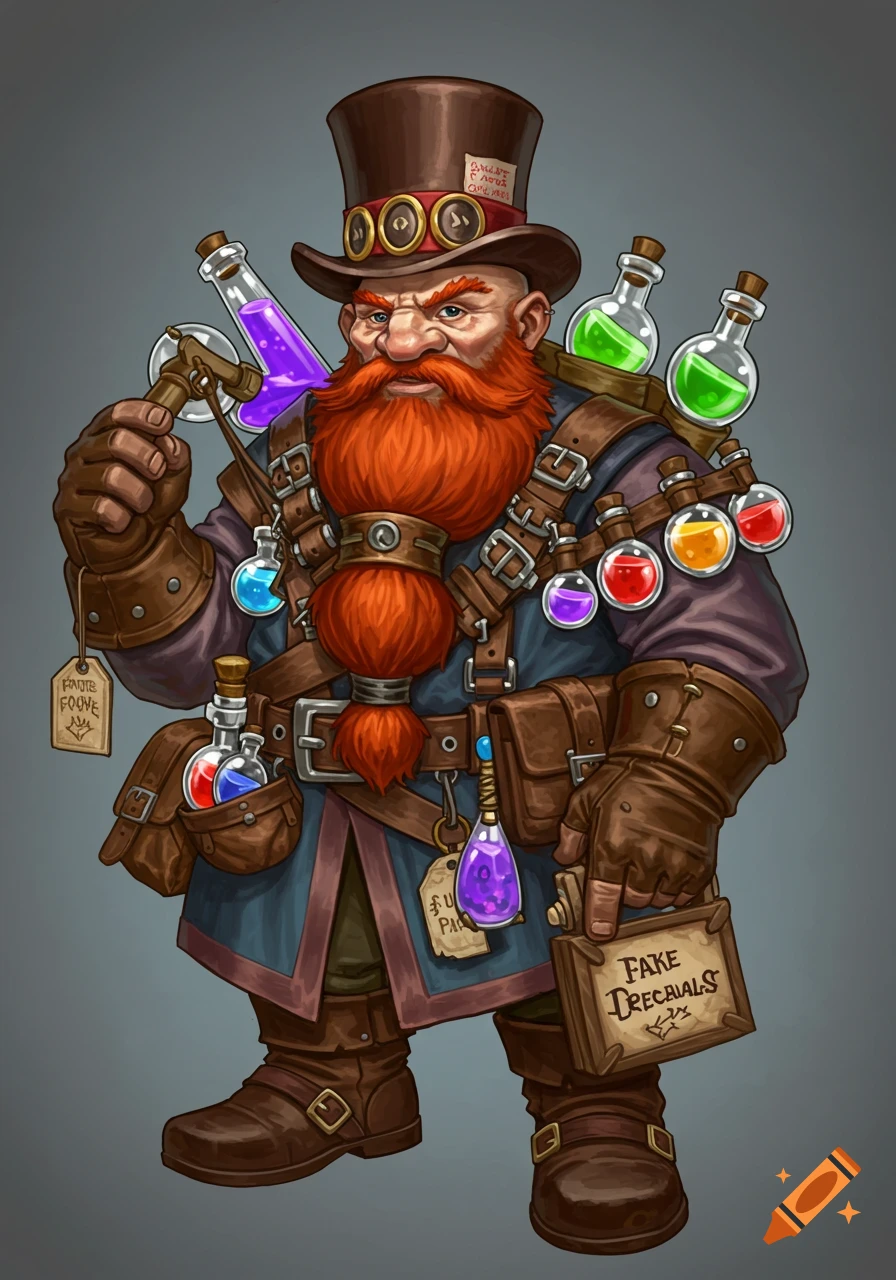 A stylized fantasy illustration of a dwarf alchemist with a red beard ...