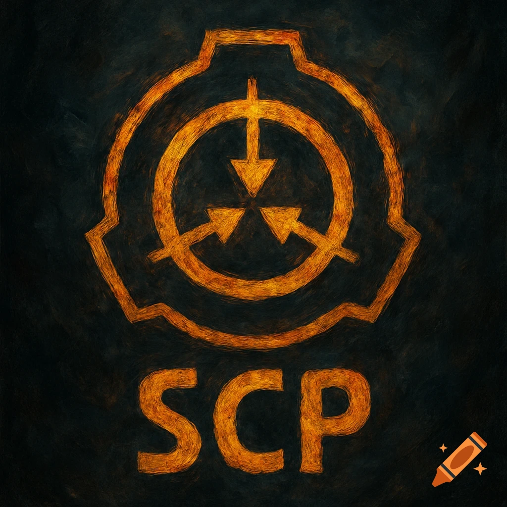 Stylized orange SCP logo with text on a dark background in a painterly ...