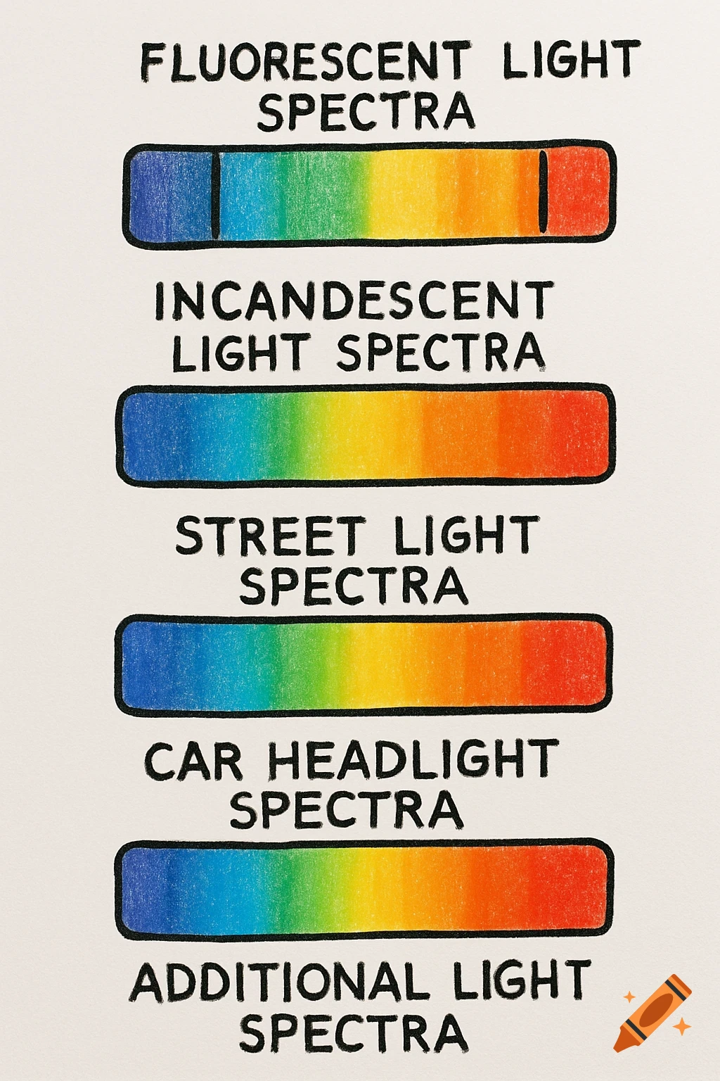 Hand-drawn diagram showing light spectra for fluorescent, incandescent ...