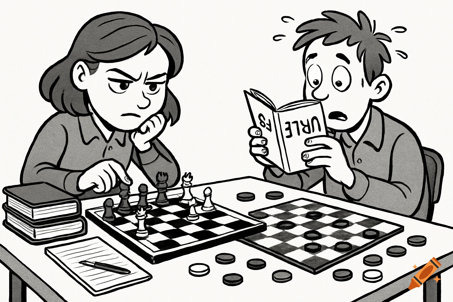 Black and white cartoon of a woman playing chess seriously and a man ...