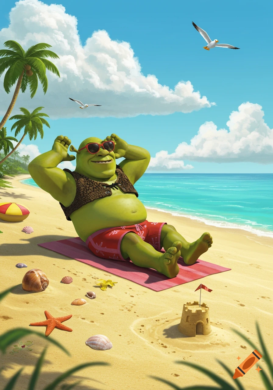 Shrek relaxing on a beach towel on a sunny beach on Craiyon