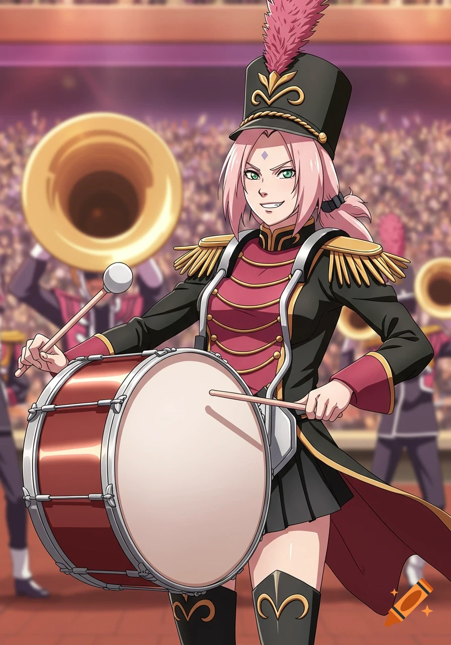 Anime art of a character in a marching band uniform playing a bass drum ...
